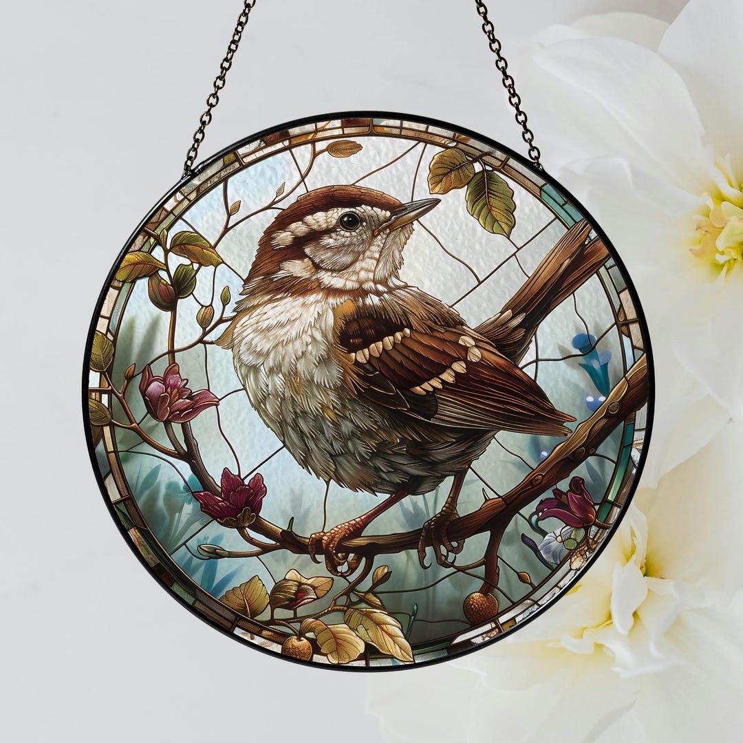 Sparrow Stained Glass Suncatcher, Stained Glass Flowers, Stained Glass ...