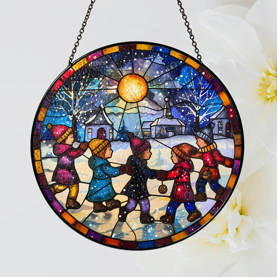 Children Playing in the Snow Stained Glass Suncatcher, Winter Holiday ...