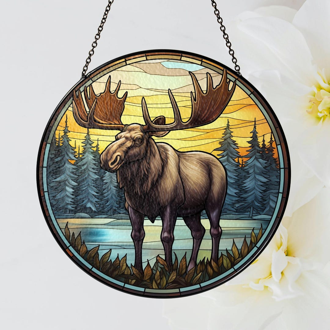 Moose Stained Glass Suncatcher, Nature Window Hanging Decor, Woodland ...