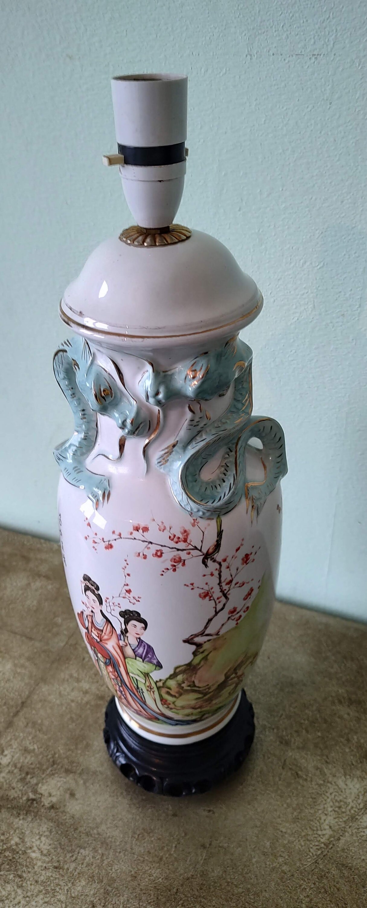 Vintage Chinese Tall Painted Table Lamp on a Wooden Base - Etsy UK