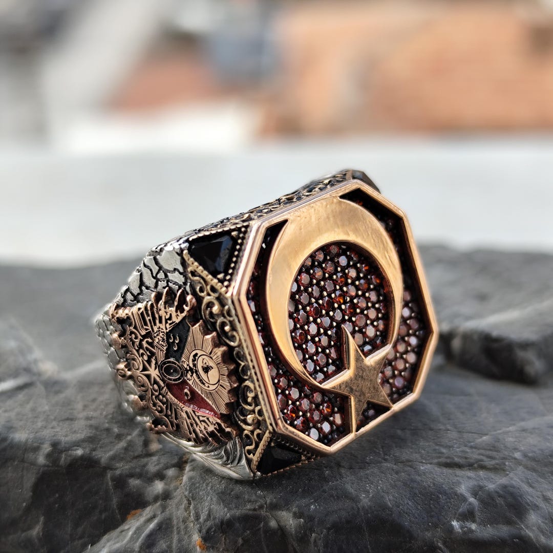 Ottoman Sign Ring, Handmade Crescent Star Ring, Silver Double Headed ...