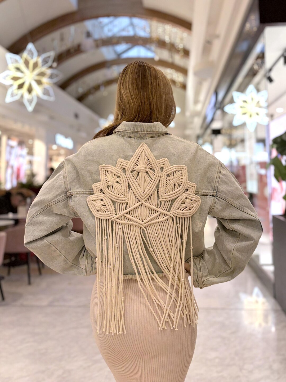 Macrame Denim Jacket | Oversized M Light Blue | Handmade Boho Fringe ...