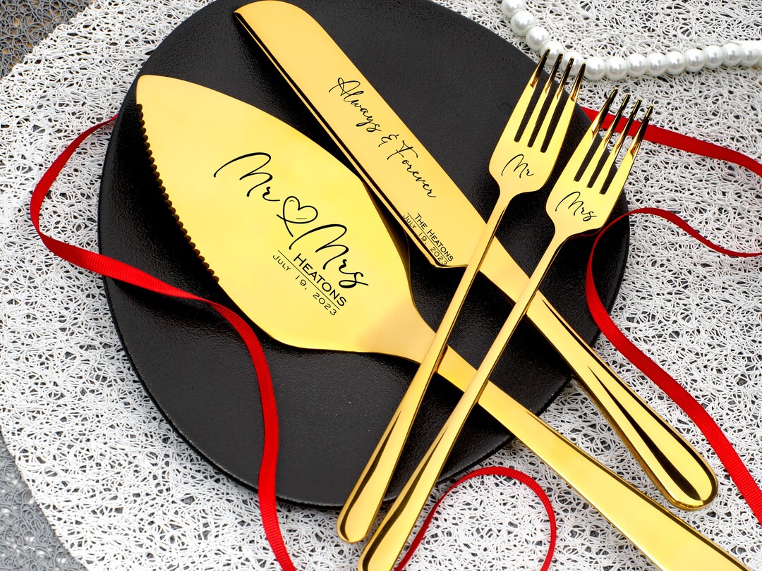 Gold Cake Knife Set Personalized Cake Serving Set With Forks Wedding ...