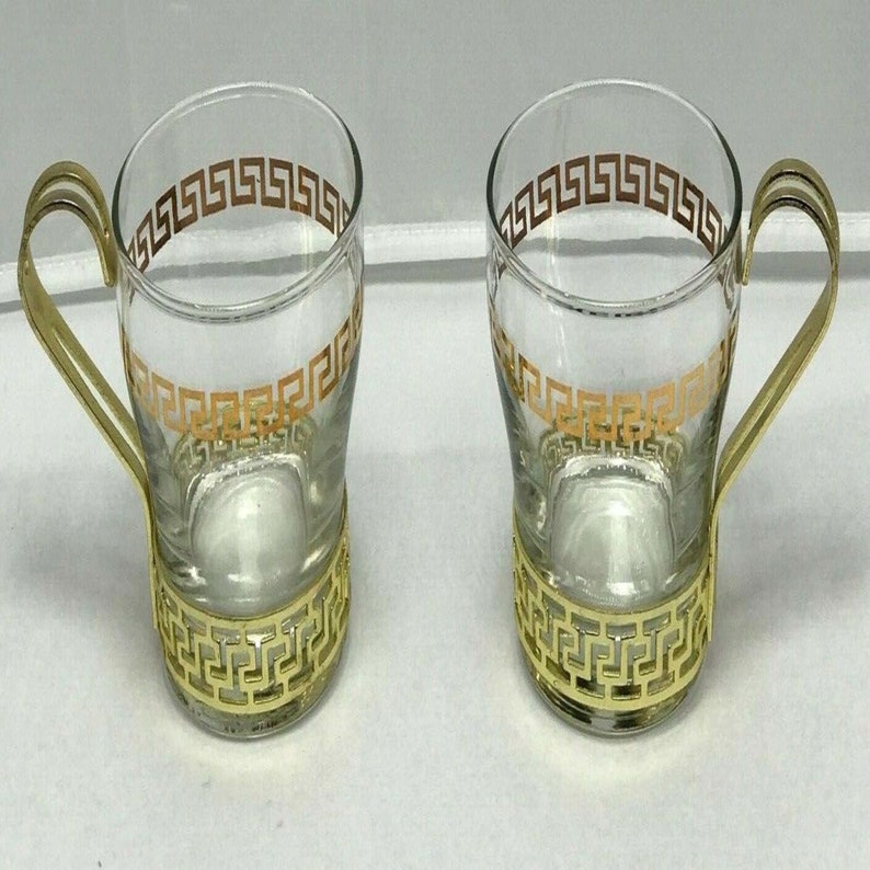 2 Vintage Libbey Gold Greek Key Glass Continental Coffee Tea Cups Brass ...