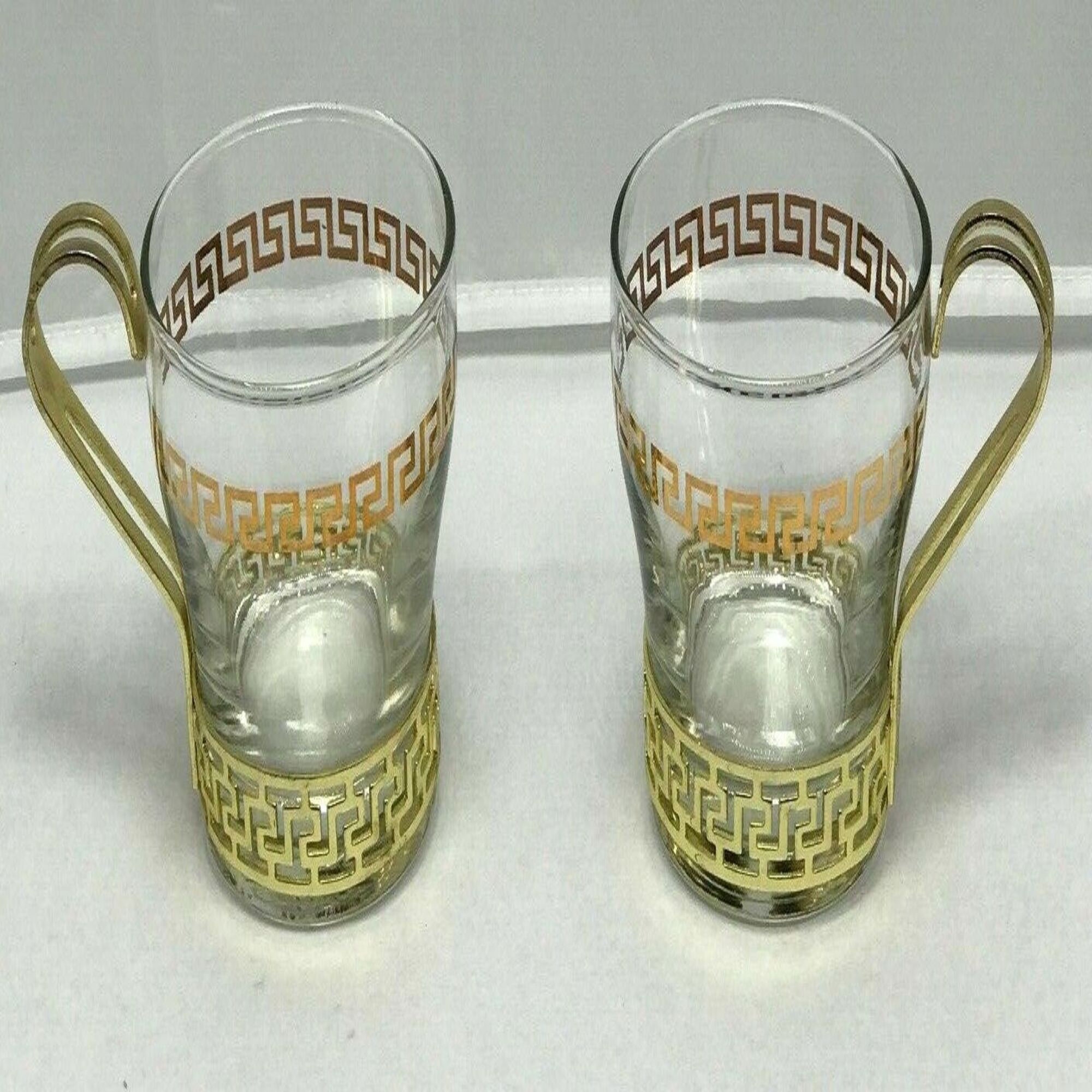 2 Vintage Libbey Gold Greek Key Glass Continental Coffee Tea Cups Brass ...