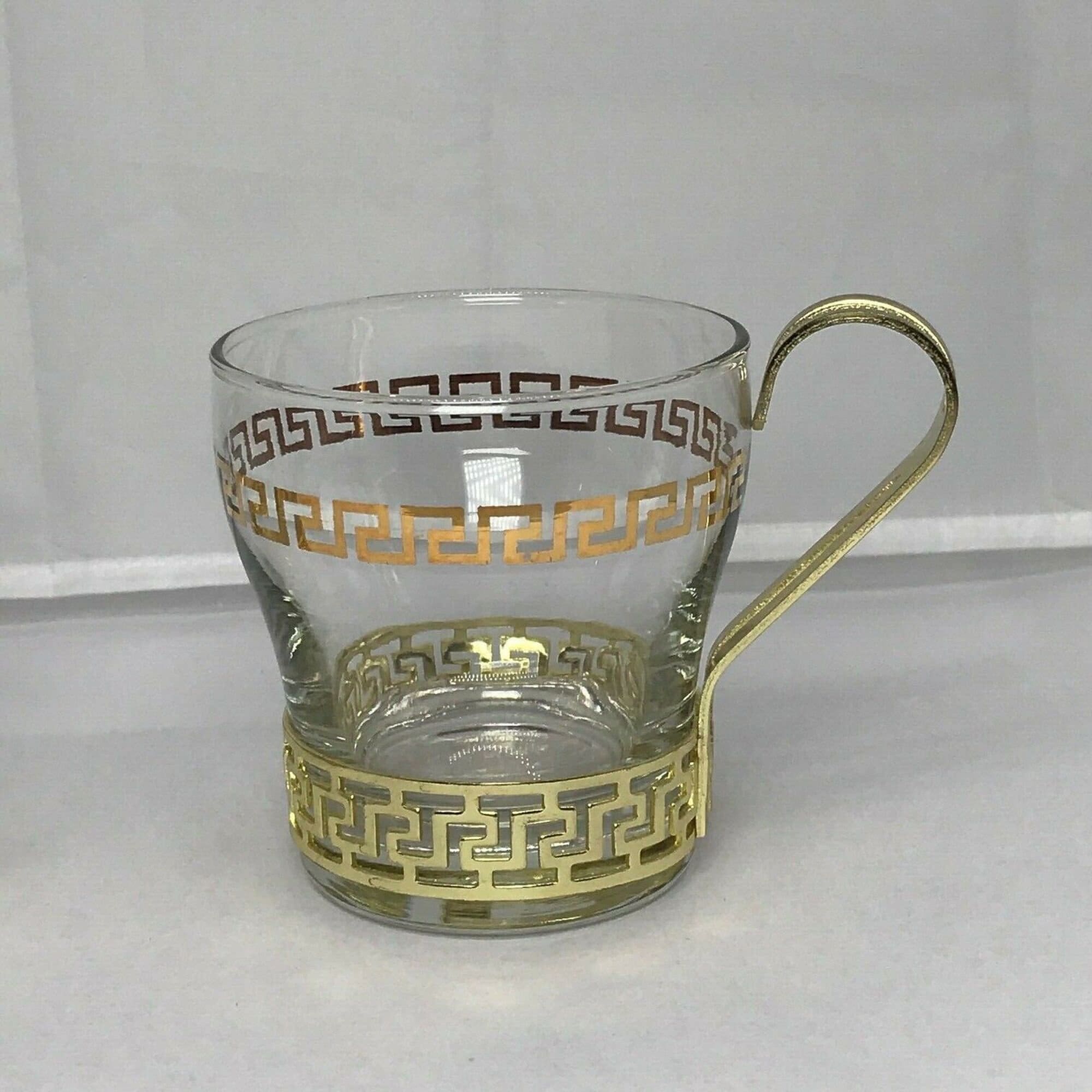 2 Vintage Libbey Gold Greek Key Glass Continental Coffee Tea Cups Brass ...