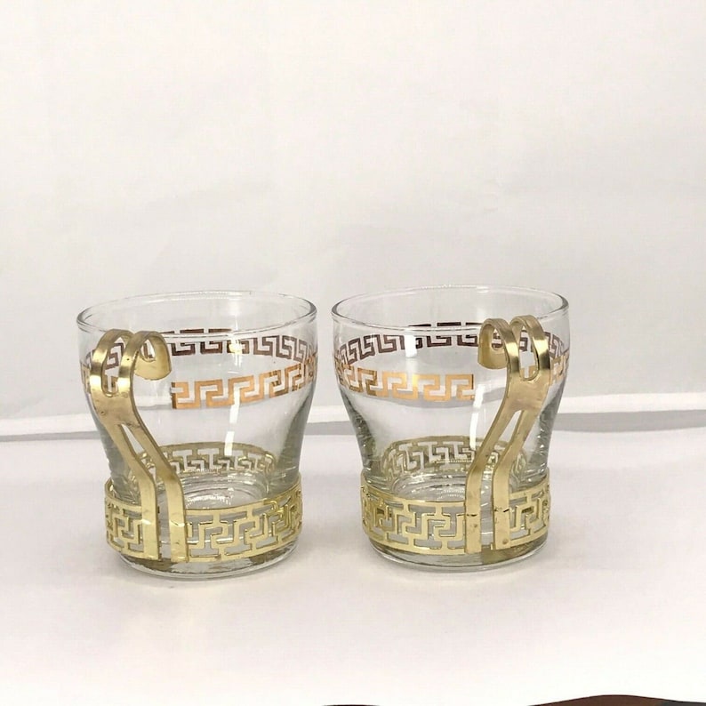 2 Vintage Libbey Gold Greek Key Glass Continental Coffee Tea Cups Brass ...