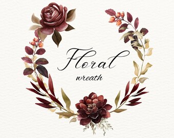 Burgundy and Blush Autumn Wreath Floral Watercolor Clipart - Etsy Canada