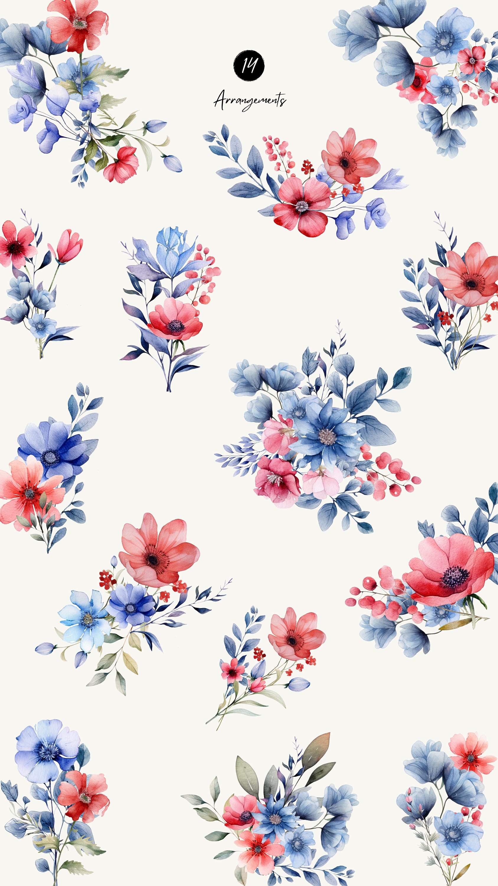 MIDSUMMER Floral Watercolor Clipart Set | Blue and Red Watercolor ...