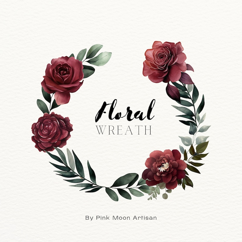 Burgundy Roses Wreath | Watercolor Floral Clipart | Fall Wedding ...