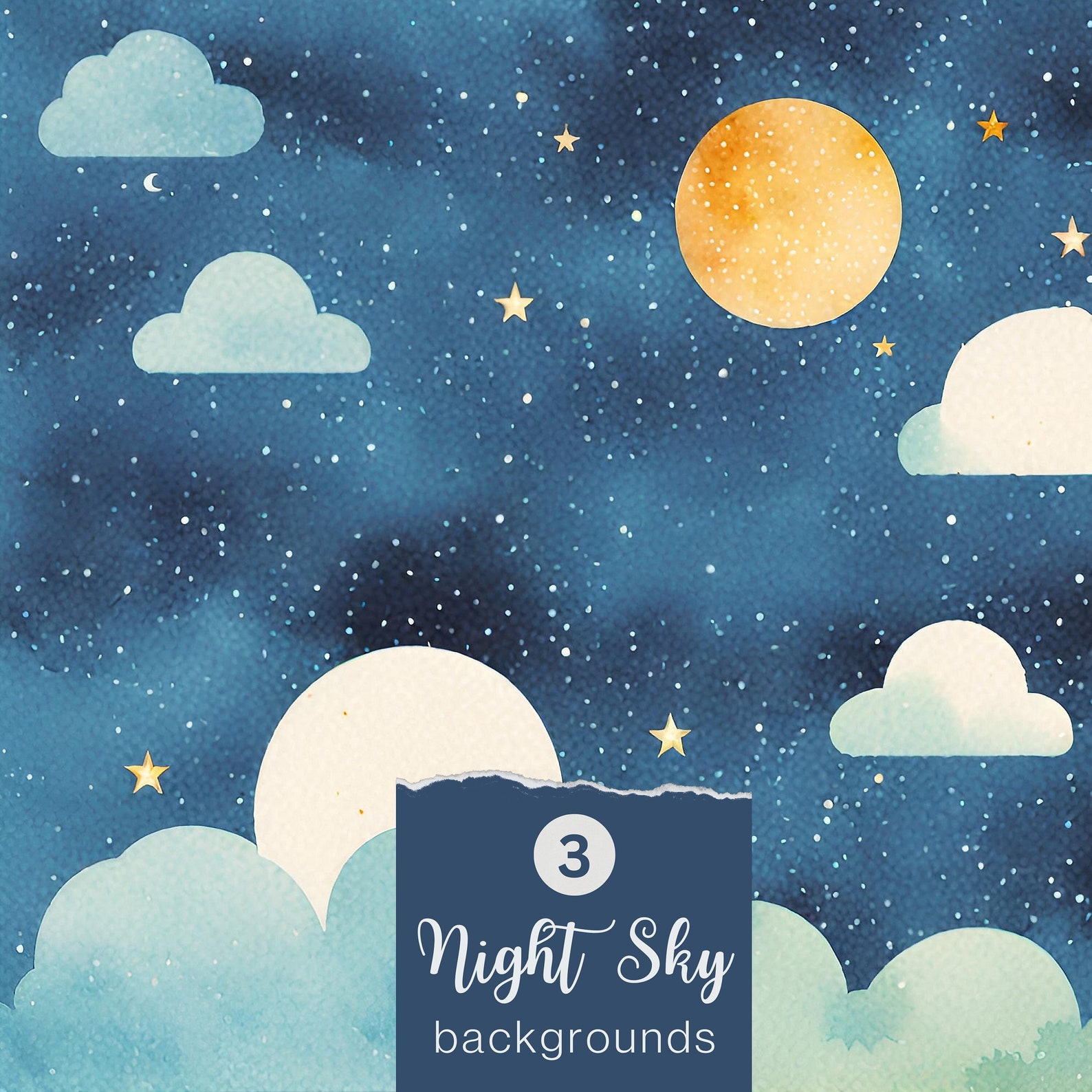 3 X Night Sky Watercolor Backgrounds | Celestial Stars & Moon Clipart ...