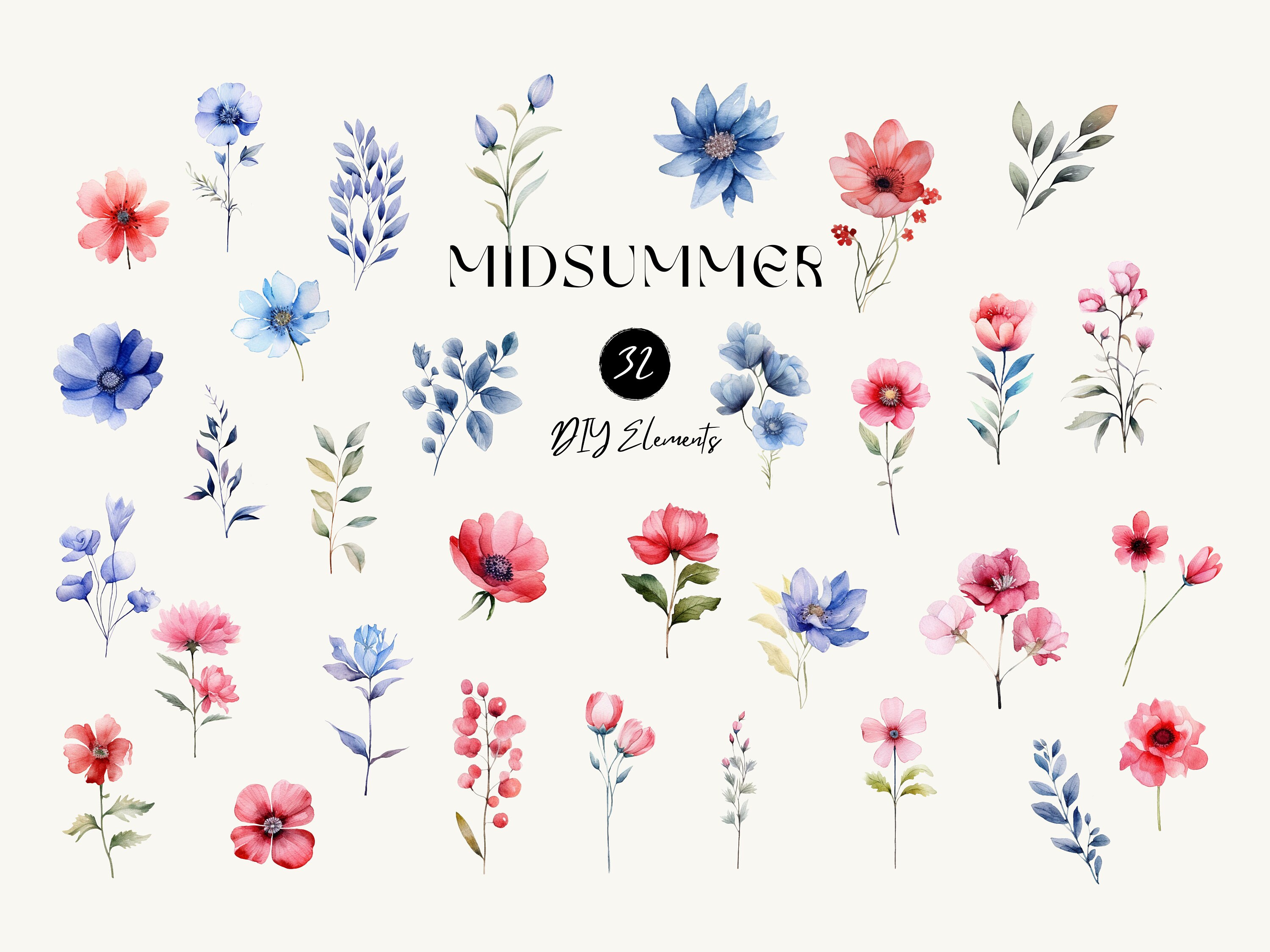 MIDSUMMER Floral Watercolor Clipart Set | Blue and Red Watercolor ...