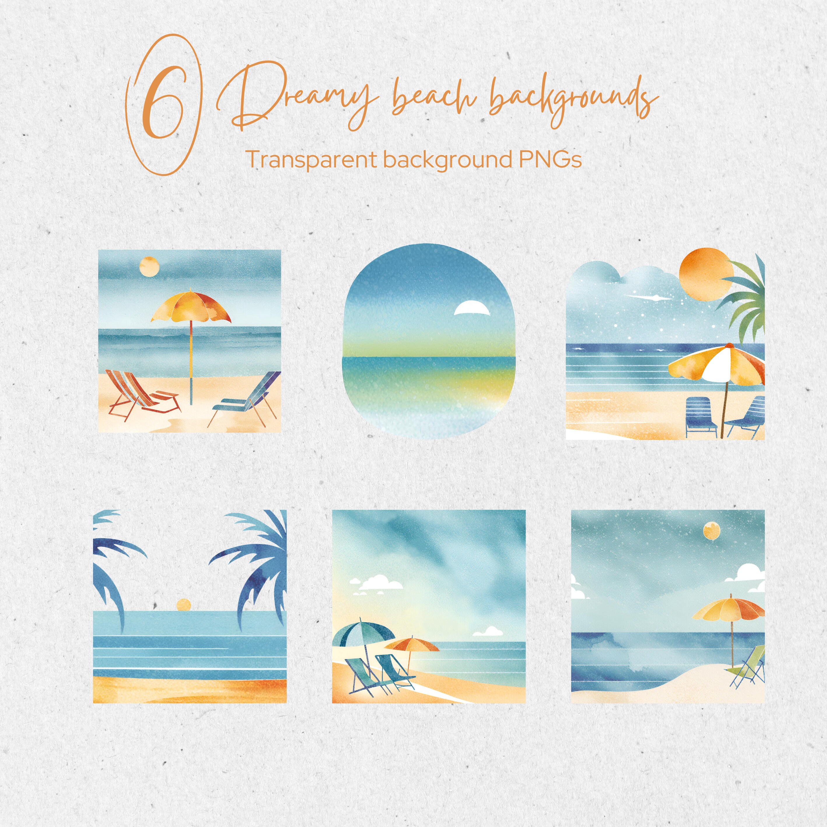 6 Summer Beach Backgrounds | Beach Landscapes Watercolor Clipart | Sea ...