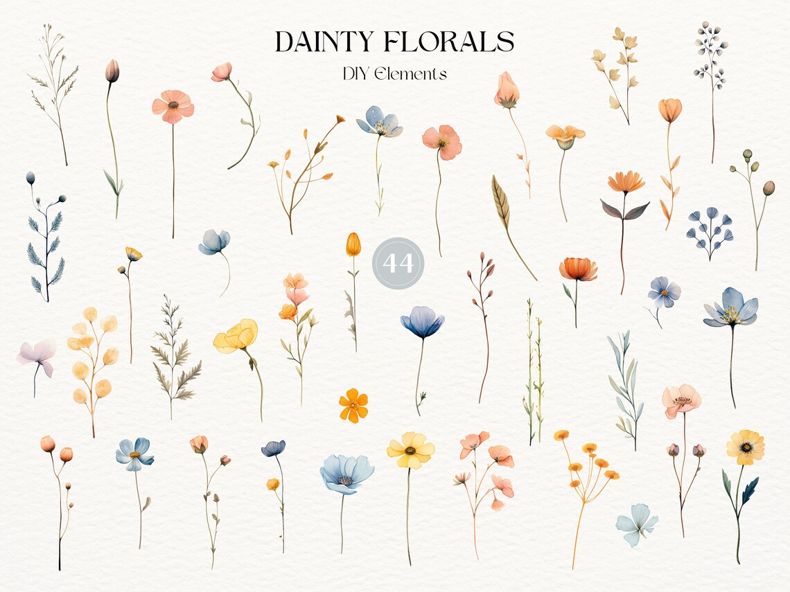 Dainty Florals Watercolor Clipart Set DIY Floral Elements, Flower ...