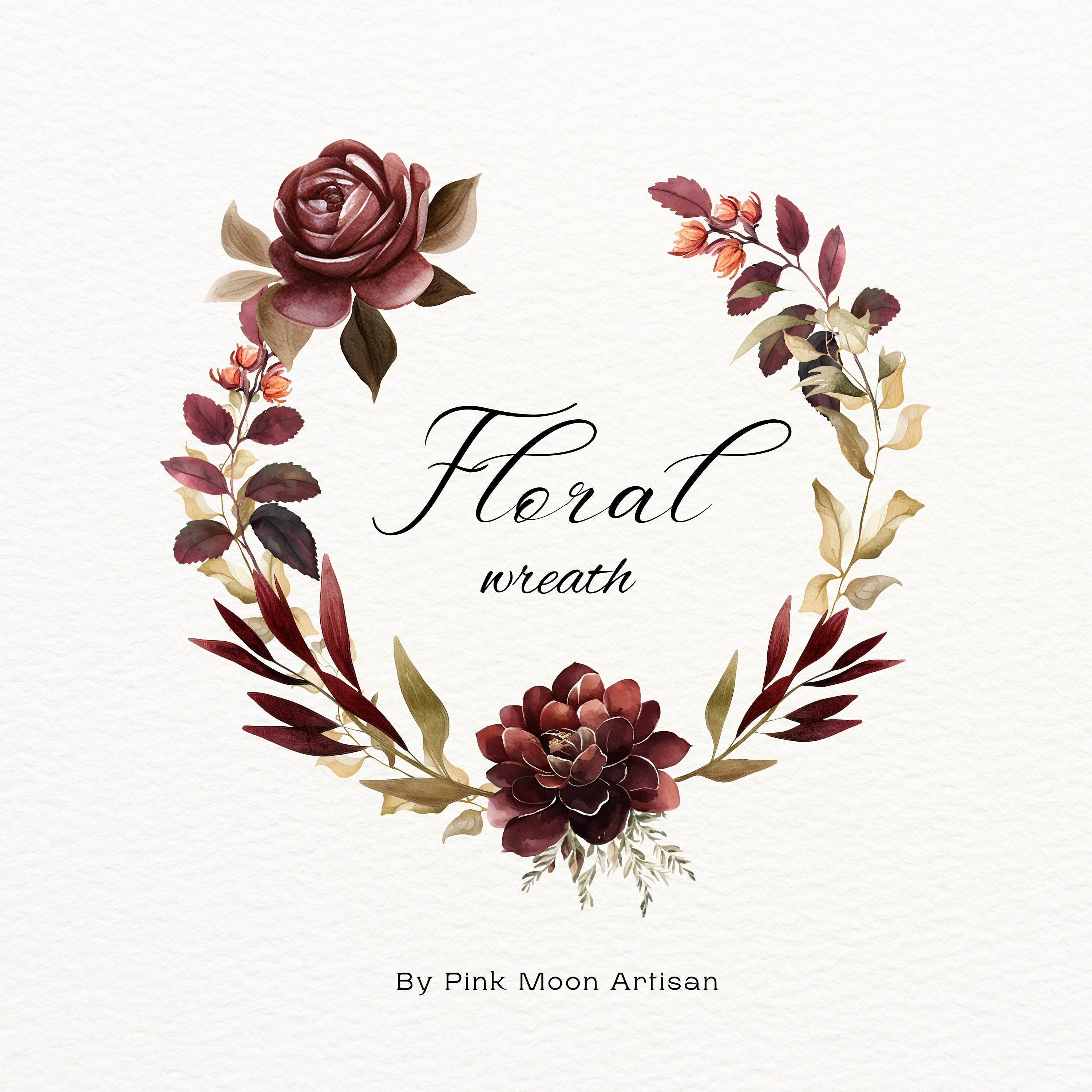 Burgundy Fall Wreath | Watercolor Floral Clipart | Wedding Clip Art ...