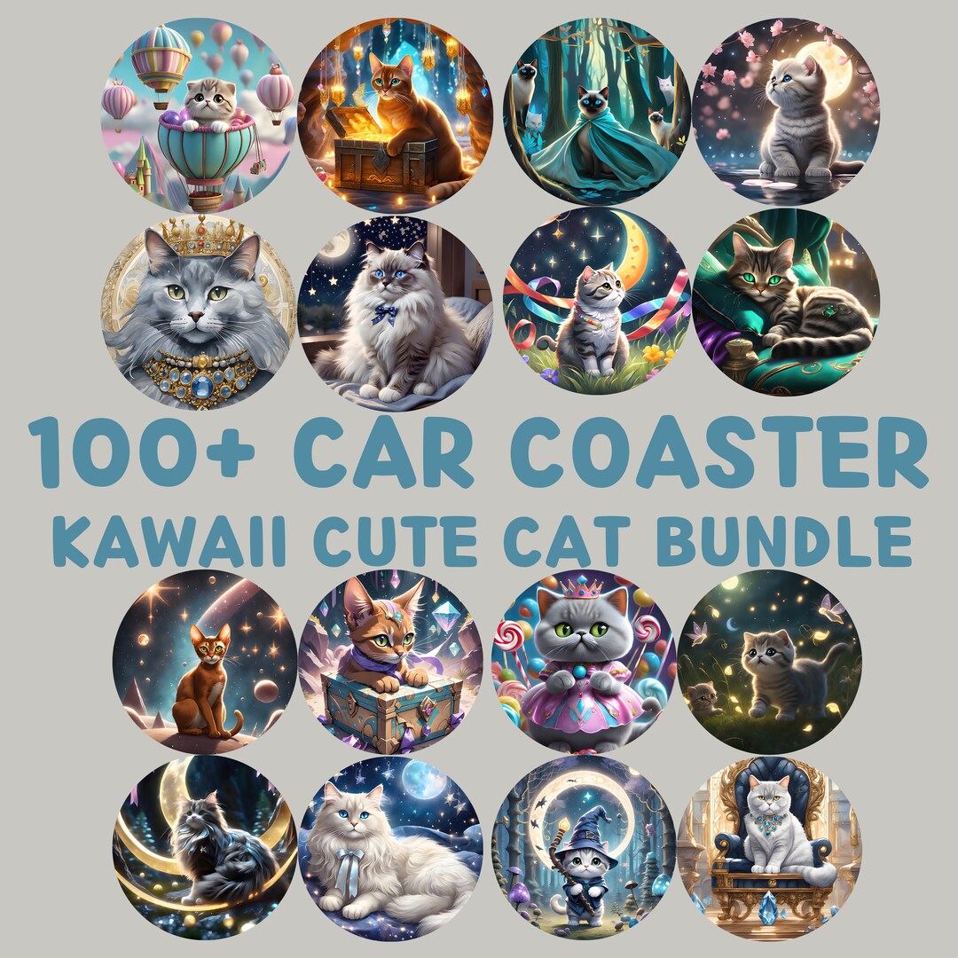 Cute Cat Car Coaster Sublimation, Kawaii Cat Car Coaster PNG, Template ...