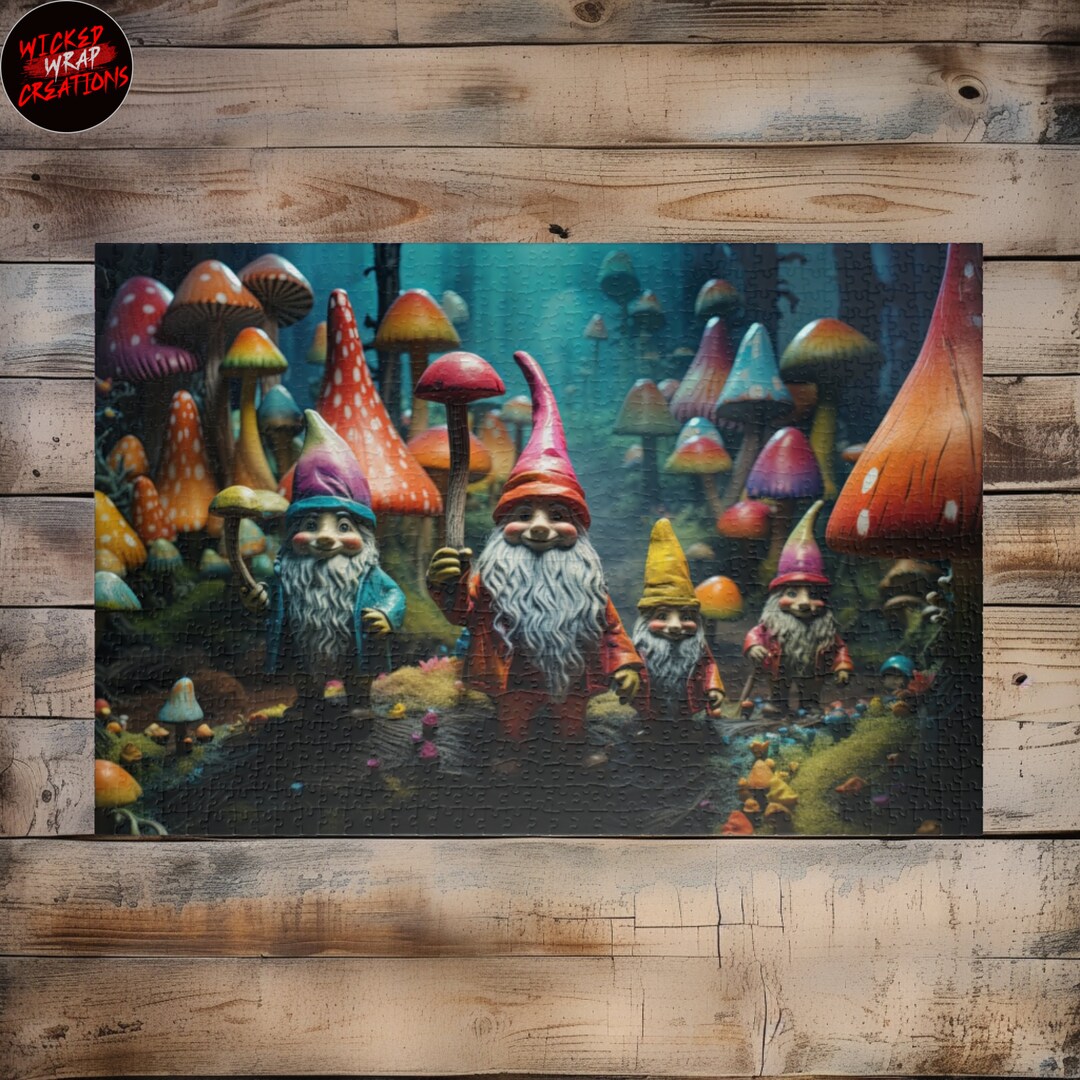 Enchanted Forest Gnome and Mushroom Puzzle, Colorful Fantasy Artwork ...