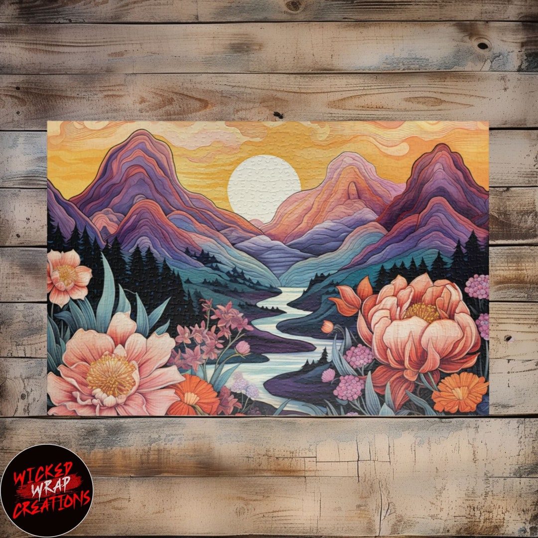 Vibrant Mountain Sunset Puzzle, Colorful Landscape Jigsaw, Family Game ...