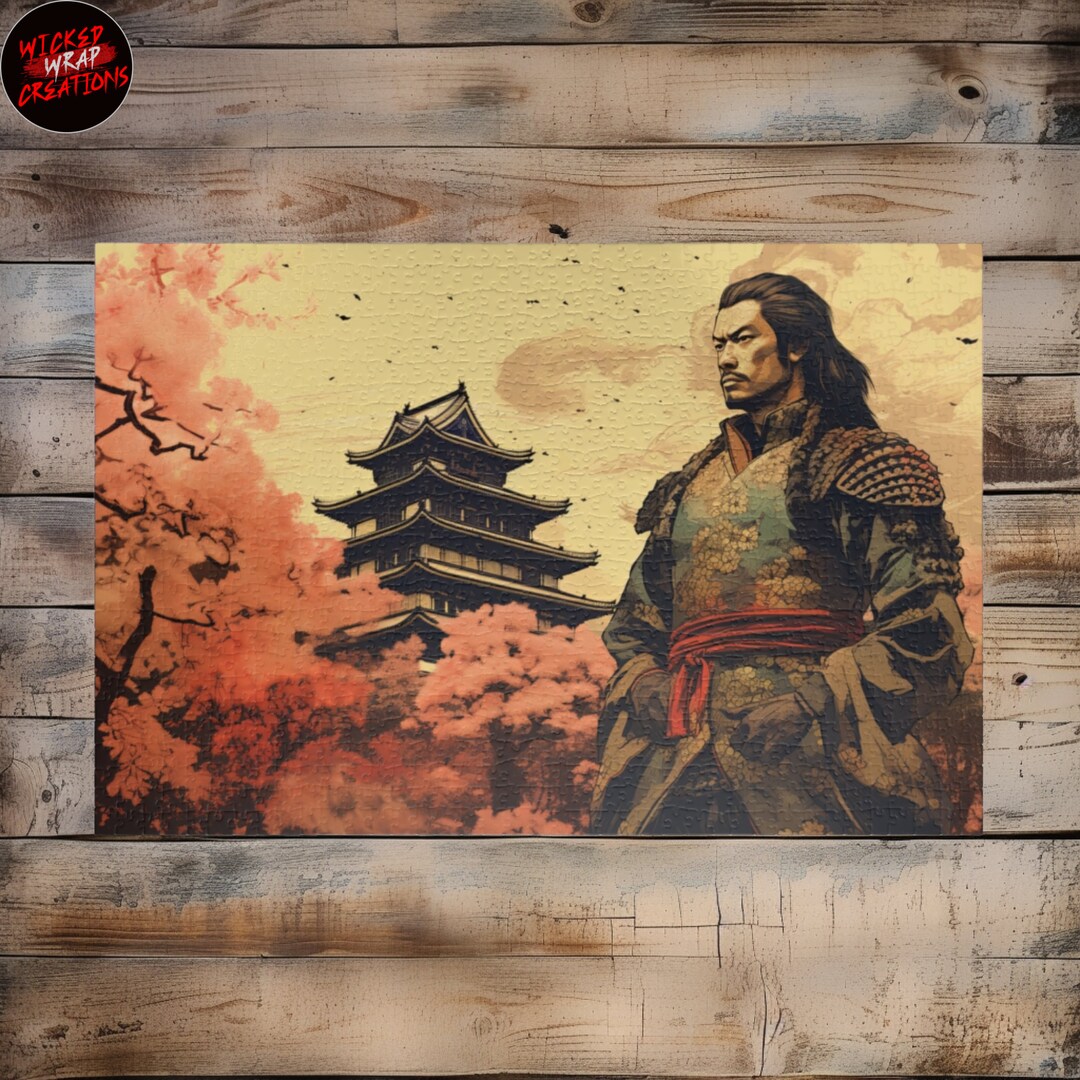 Samurai Warrior Puzzle, Japanese Castle Cherry Blossom Art, Unique ...
