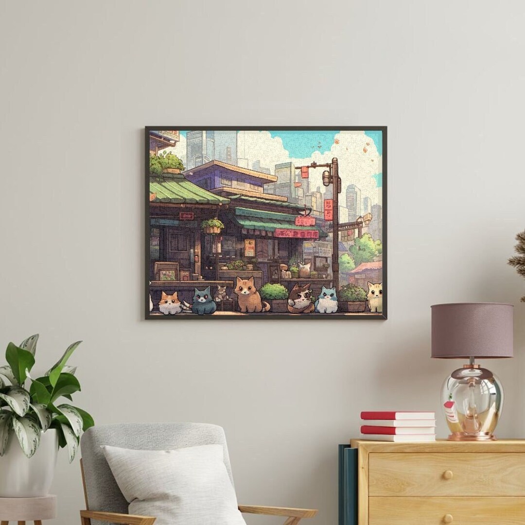Paint by Numbers Japanese Cityscape With Adorable Anime Kawaii Cats ...