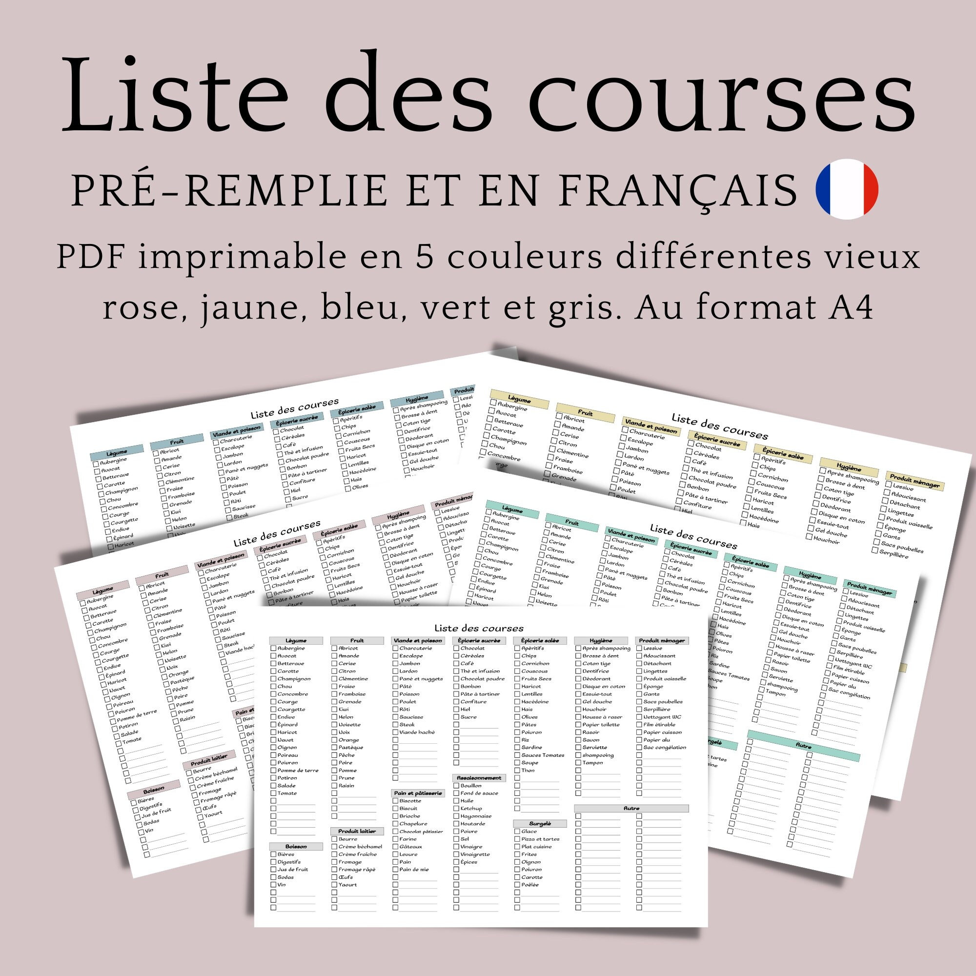 Liste des courses pré-remplie au format A4 imprimable en français ...