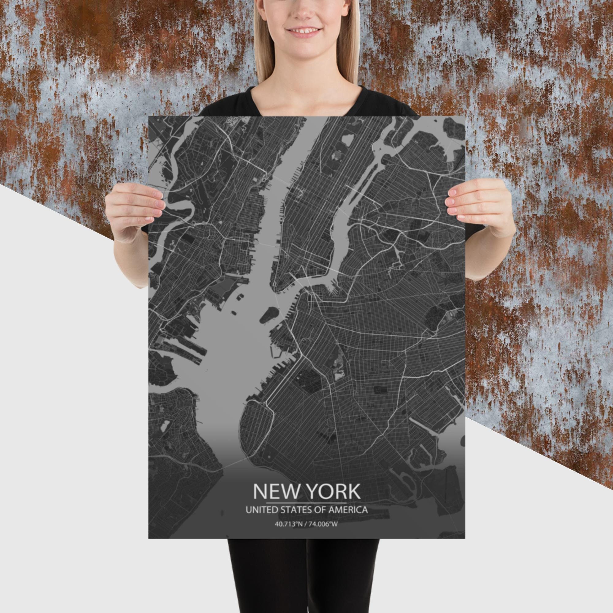 New York Dark Grey Paper Map - Etsy