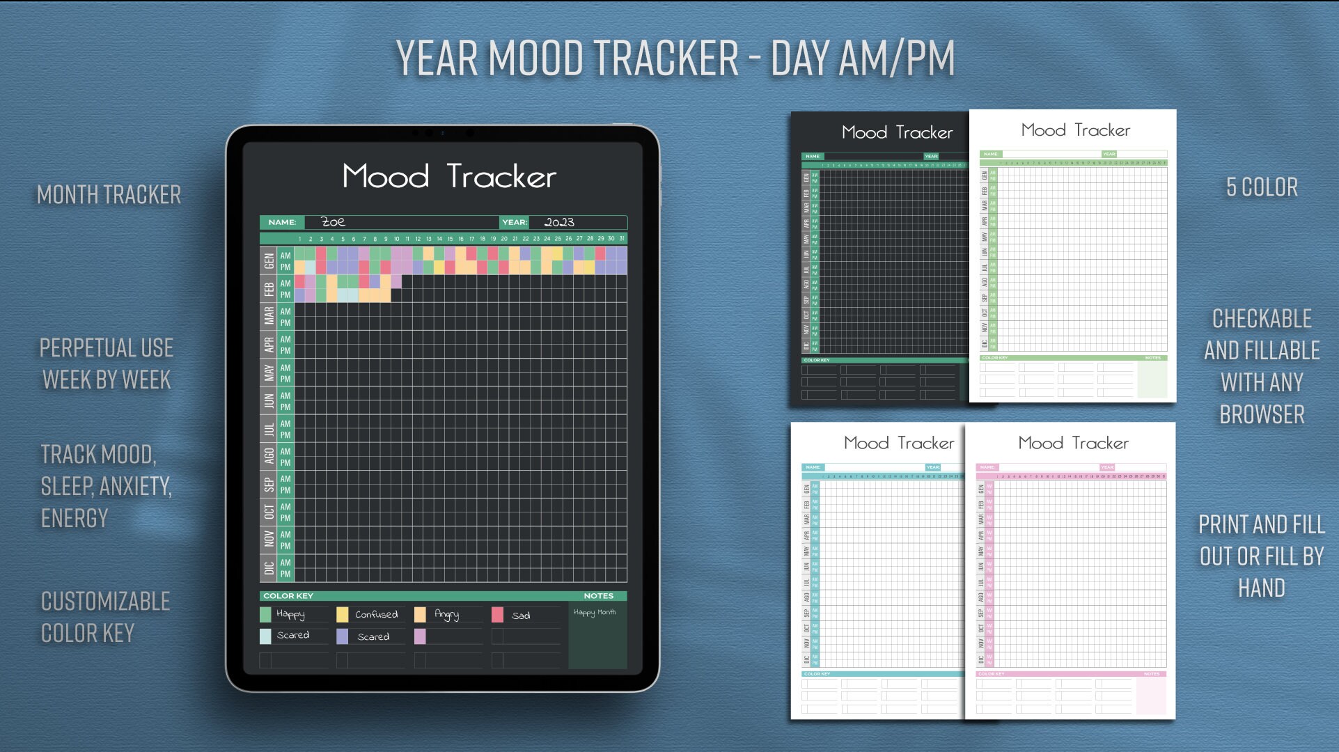 Mood Tracker Monthly Yearly, Mood Chart Bullet Journal Planner, iPad ...