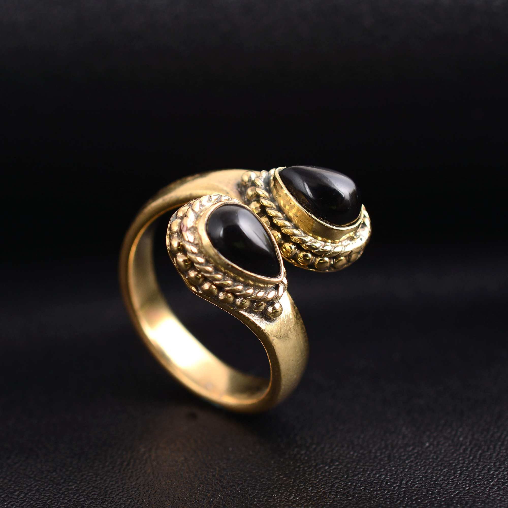 Black Obsidian Ring, 18k Gold Plated Natural Gemstone Ring, 2 Stone ...