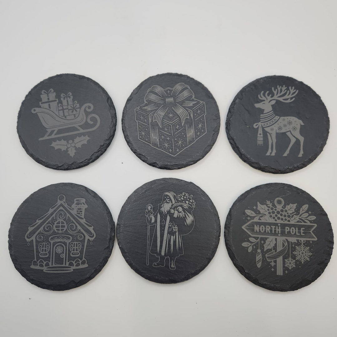 Engraved Slate Coasters - Set of 6 Christmas Themed Coasters - Set #1 ...