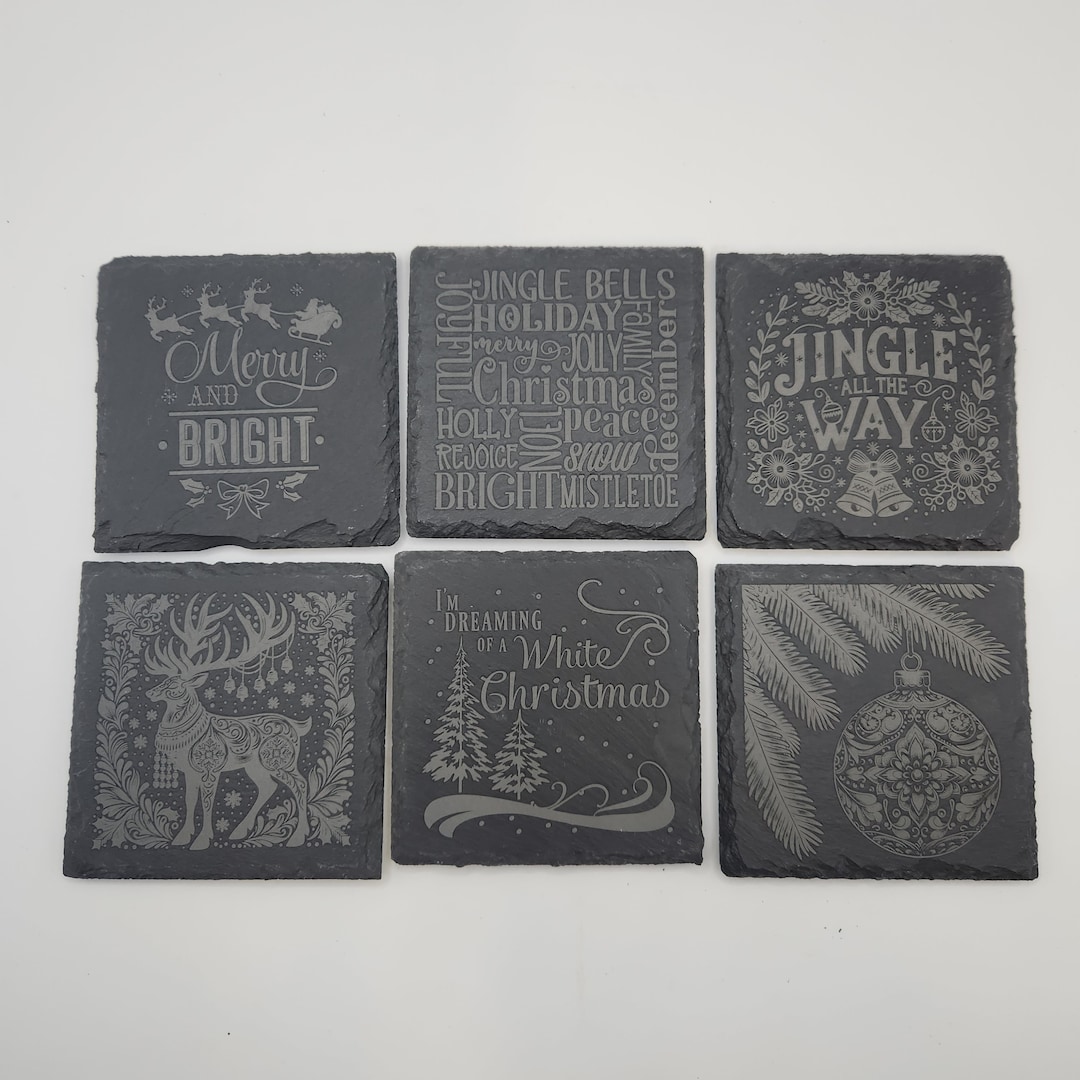 Engraved Slate Coasters - Set of 6 Christmas Themed Coasters - Set #3 ...