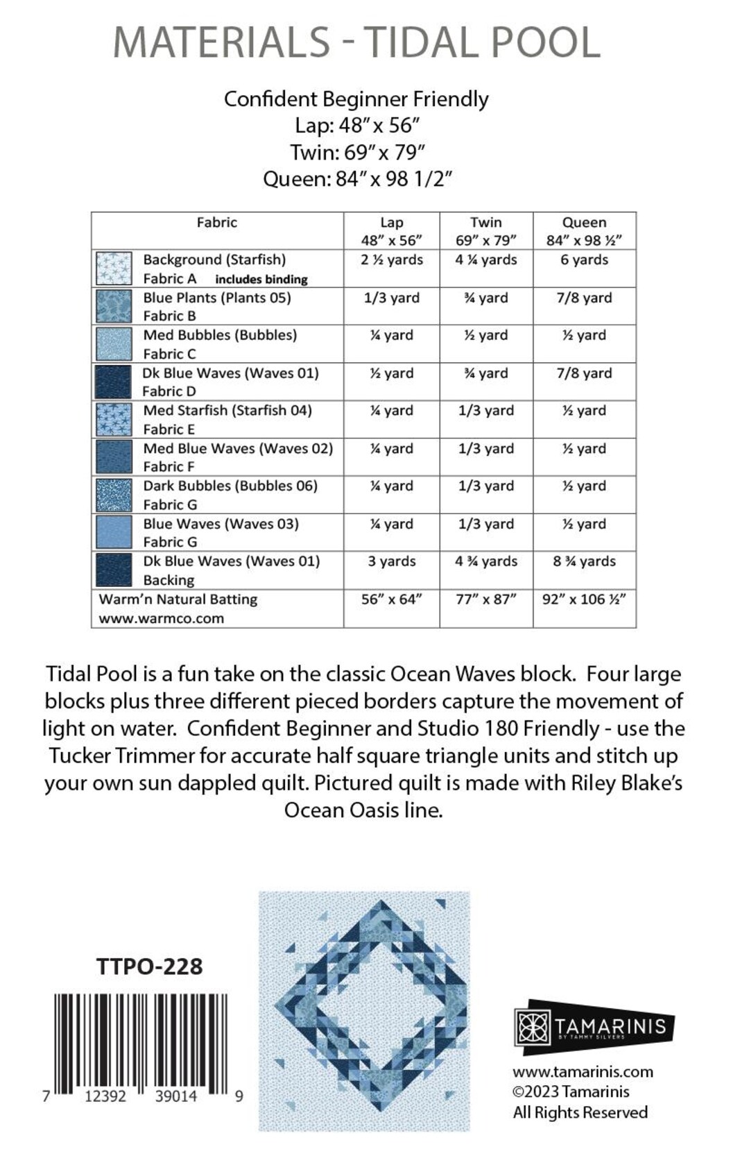 Tidal Pool- P220- Quilt Pattern- Finished Size 69” X 79”- Designed by ...