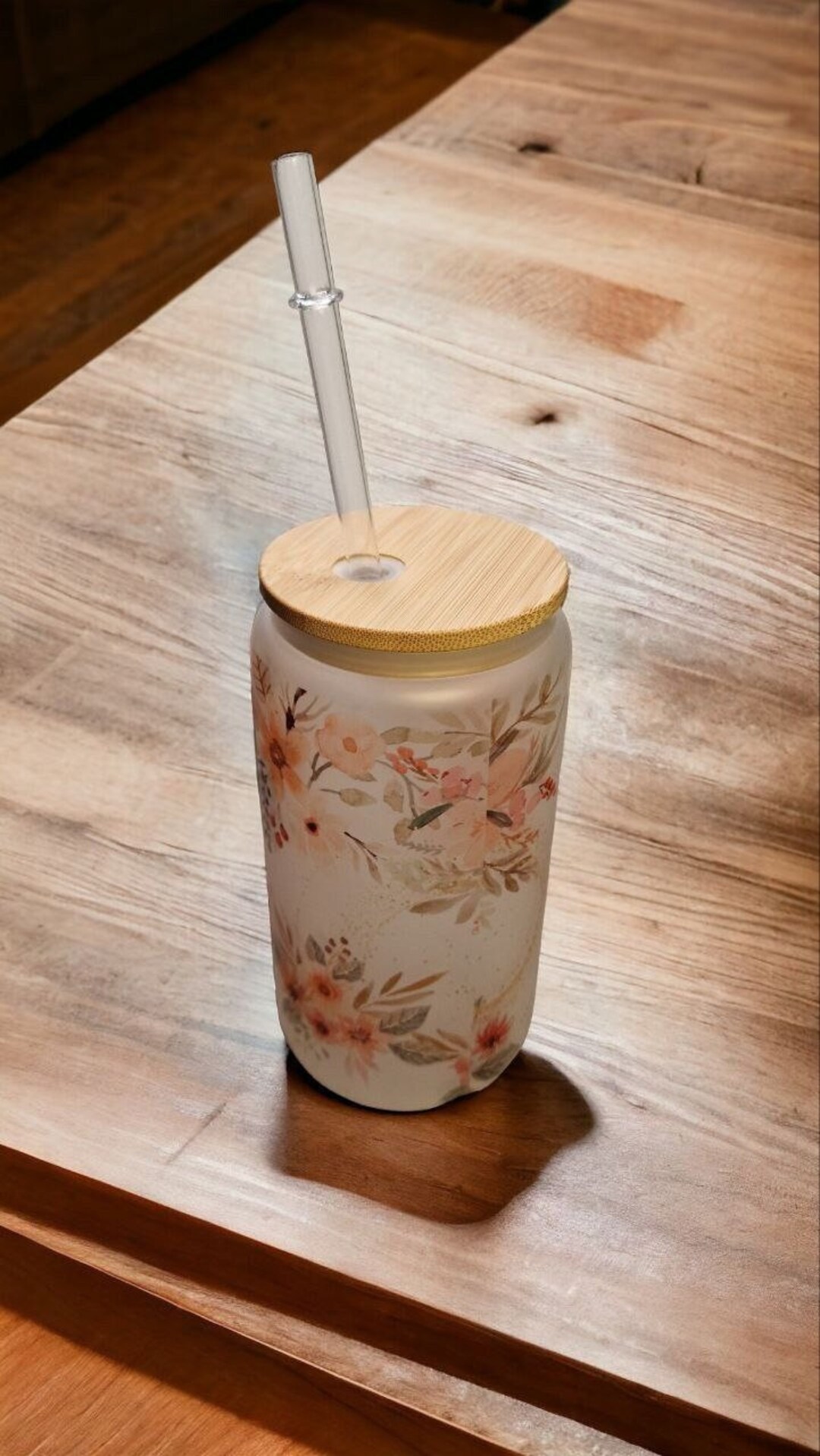 Personalized Frosted Glass Beer Can: Spring Flowers, Bamboo Lid & Straw ...
