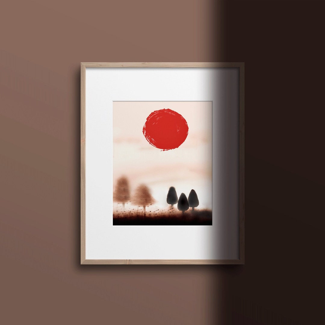 Minimalist Sumi E Style Wall Art Red Sun Digital Print Home Deco Wall ...