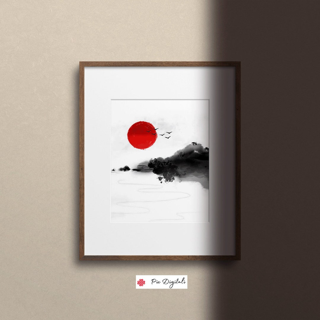 Contemporary Abstract Red Sun Wall Art, Abstract Sumi E Sun , Home Deco ...
