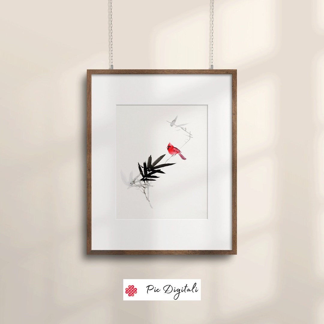 Sumi E Style Wall Art, Ink Vintage Style Wall Art Print ,red Bird Sumi ...