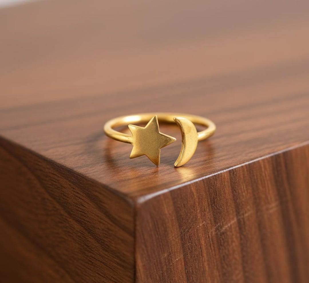 Gold Brass Moon and Star Ring, Dainty Celestial Open Band, Minimalist ...