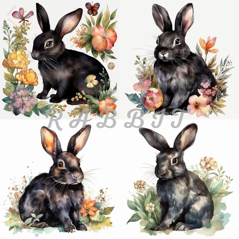 Black Rabbit Clipart: Elegant Watercolor Bunny Illustrations - Etsy