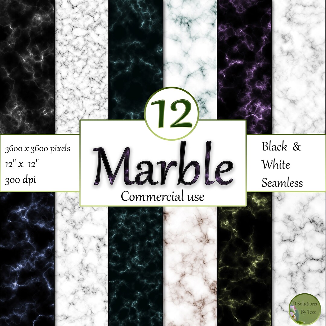 Set of 12 Black & White Marble Digital Papers, Perfect for Commercial ...