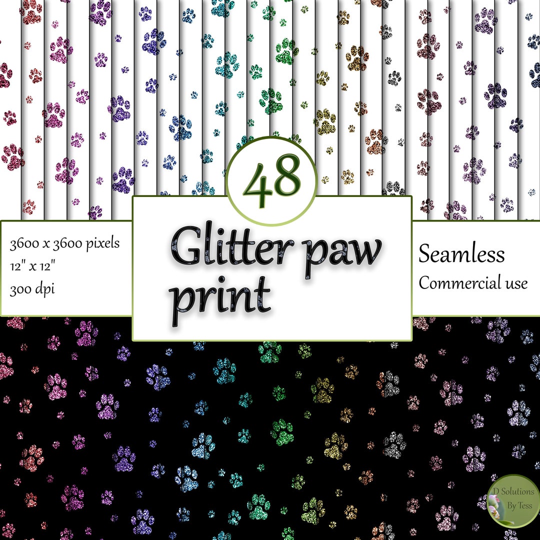 48 Seamless Glitter Paw Print Digital Papers. Easy to Use High Quality ...