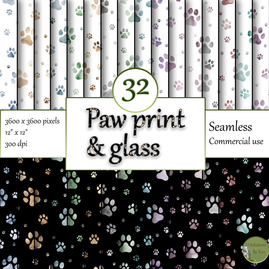 32 Seamless Paw Print and Glass Digital Papers. Easy to Use High ...