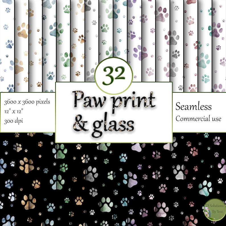 32 Seamless Paw Print and Glass Digital Papers. Easy to Use High ...