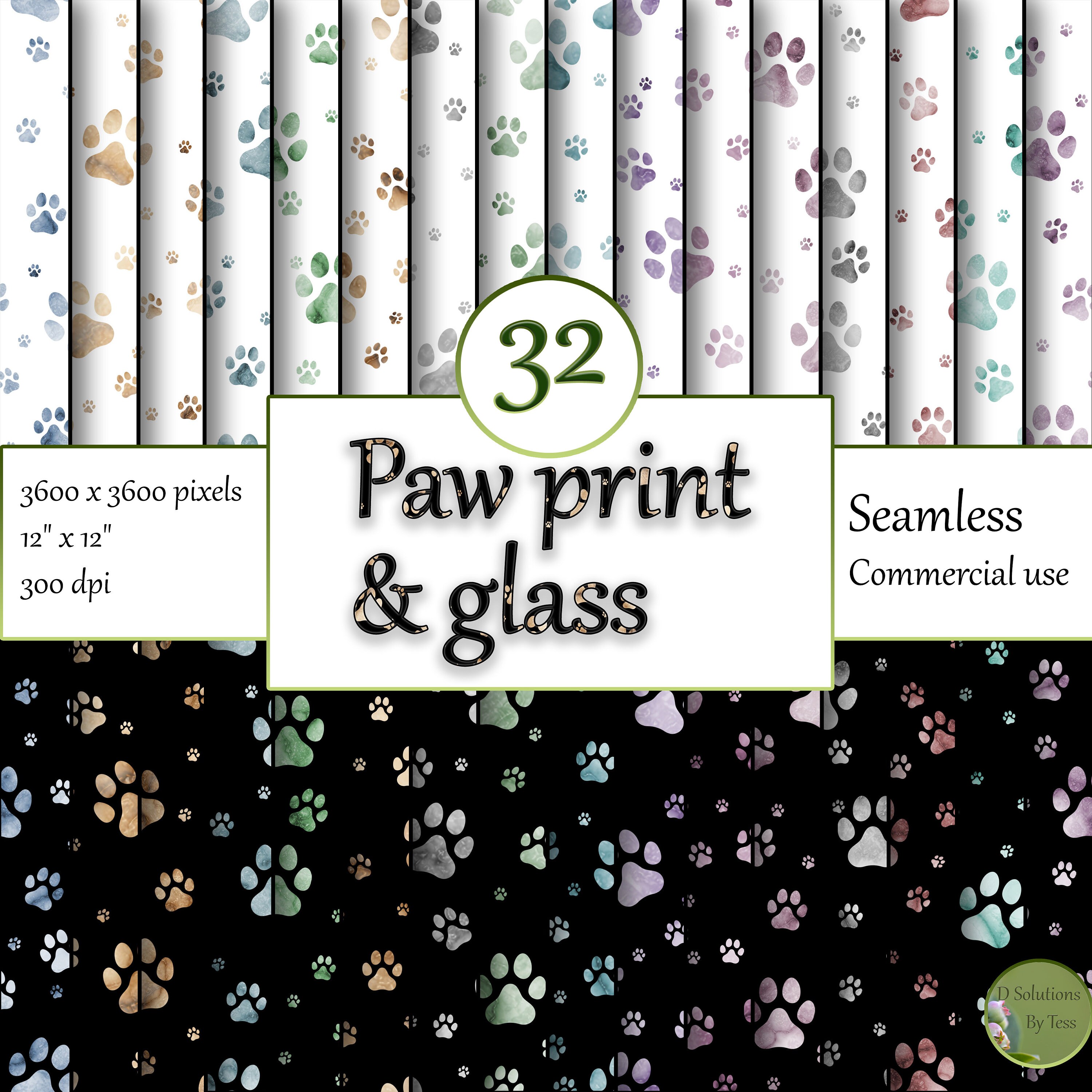 32 Seamless Paw Print and Glass Digital Papers. Easy to Use High ...
