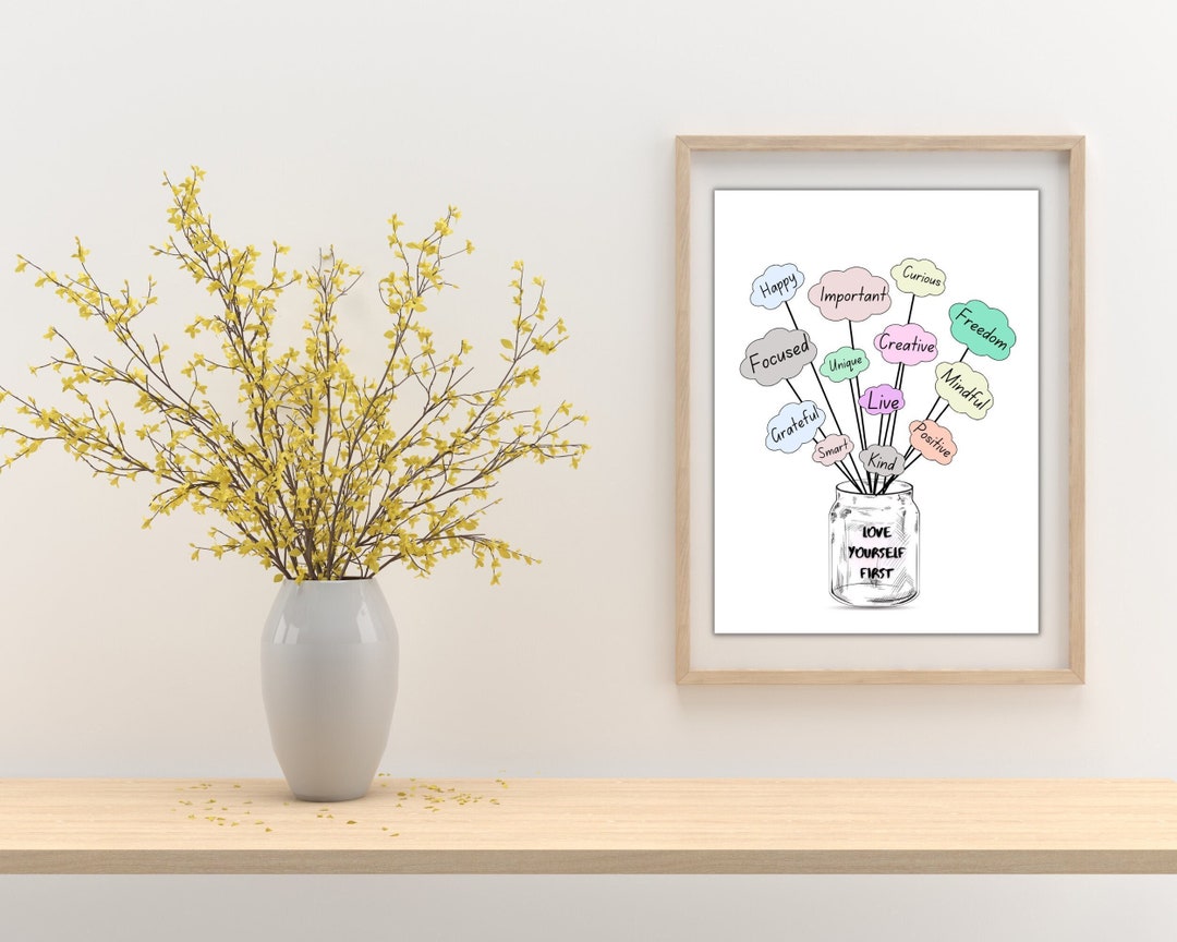Positive Affirmation Wall Art With Multicolor Flowers in Jar, Positive ...