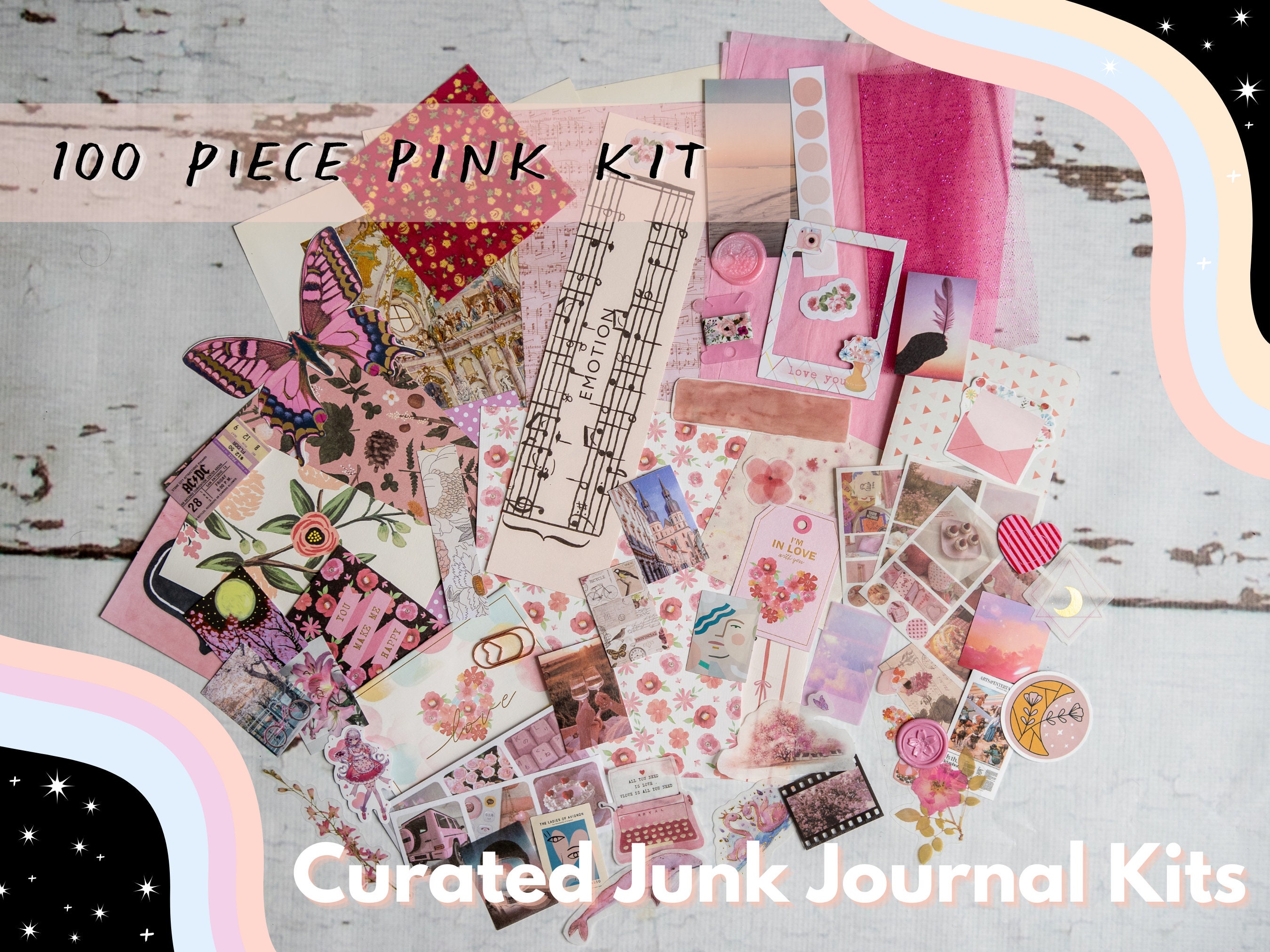 100 Pc 50pc Pink Curated Junk Journaling Kit, BUJO, Journal Ephemera ...