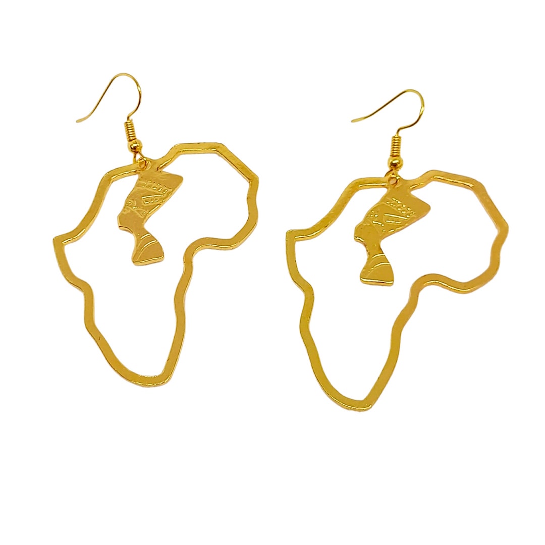 Gold African Map Earrings, Nefertiti Dangle Earrings, African Jewellery ...