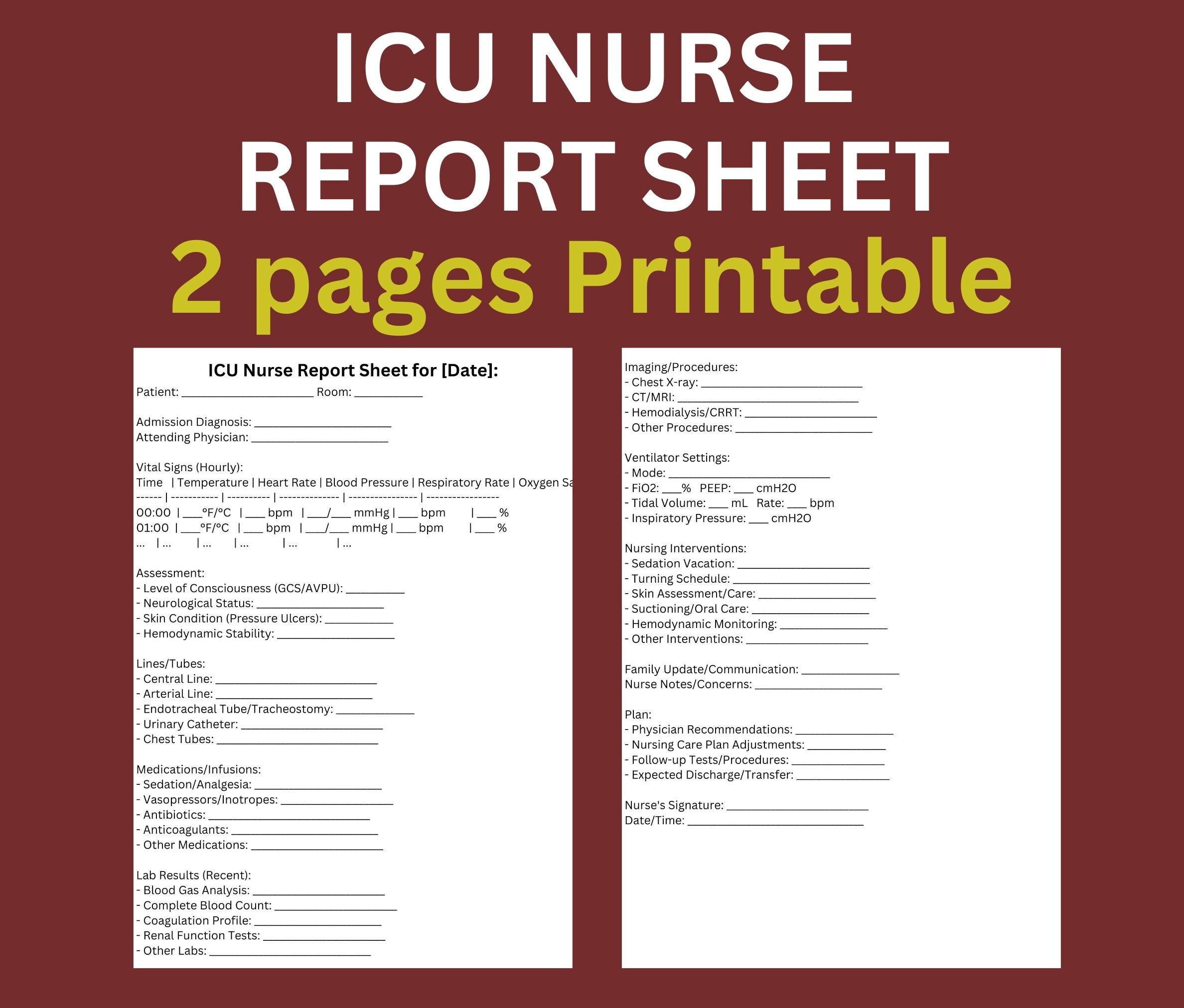 ICU Nurse Report Sheet Icu Nurse Brainicu Nurse Reporticu - Etsy