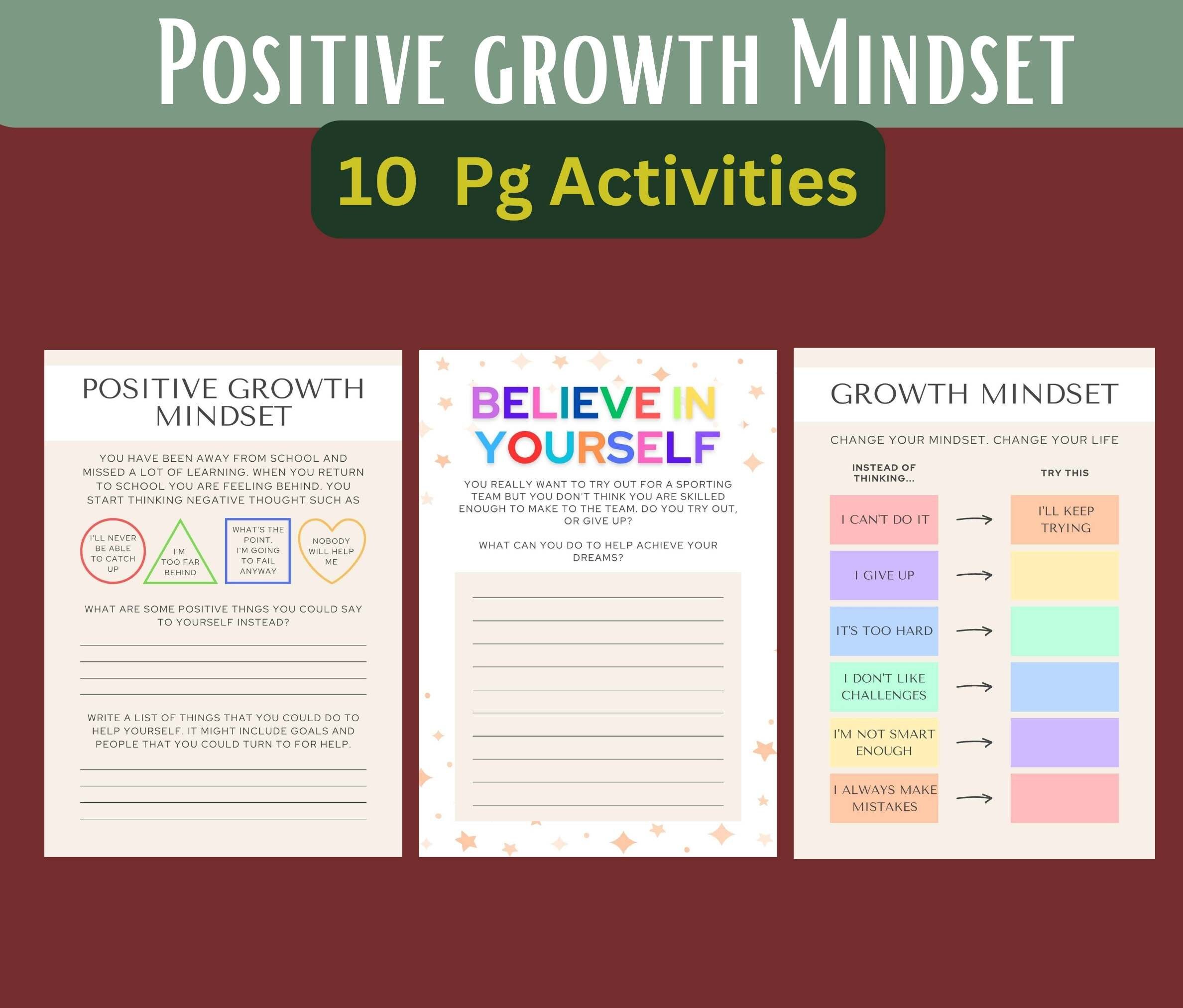 Positive Growth Mindset Activities Mental Heath Life Skills for Kids ...