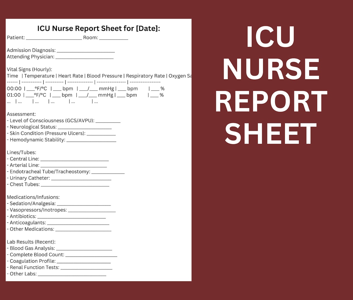 ICU Nurse Report Sheet Icu Nurse Brainicu Nurse Reporticu - Etsy