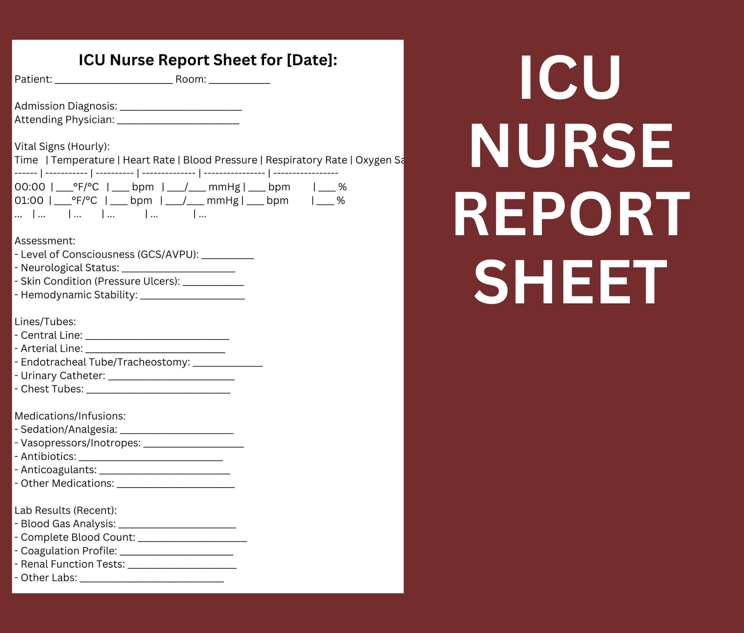 ICU Nurse Report Sheet Icu Nurse Brain,icu Nurse Report,icu Nurse Sheet ...