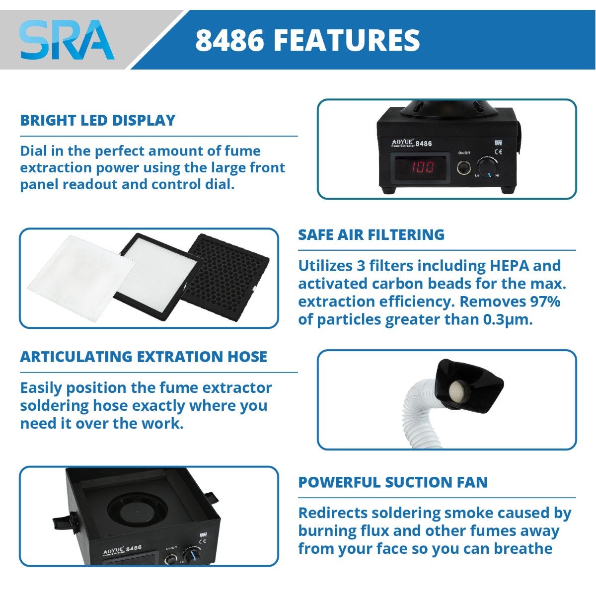 Aoyue 8486 Bench-top Fume Extractor With Activated Carbon Beads 110/220 ...